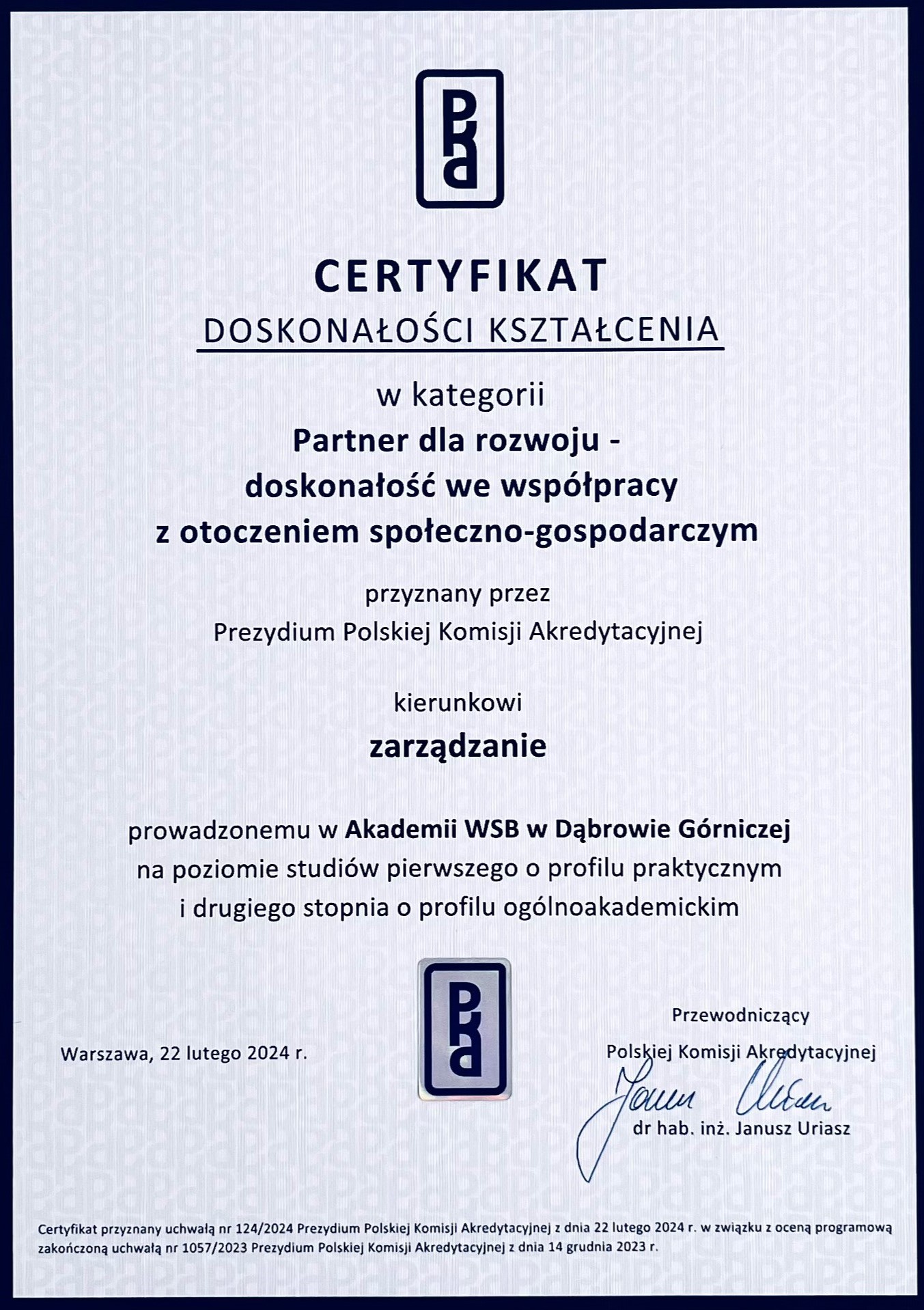 Certyfikat Doskonałości Kształcenia PKA dla Akademii WSB - Akademia WSB