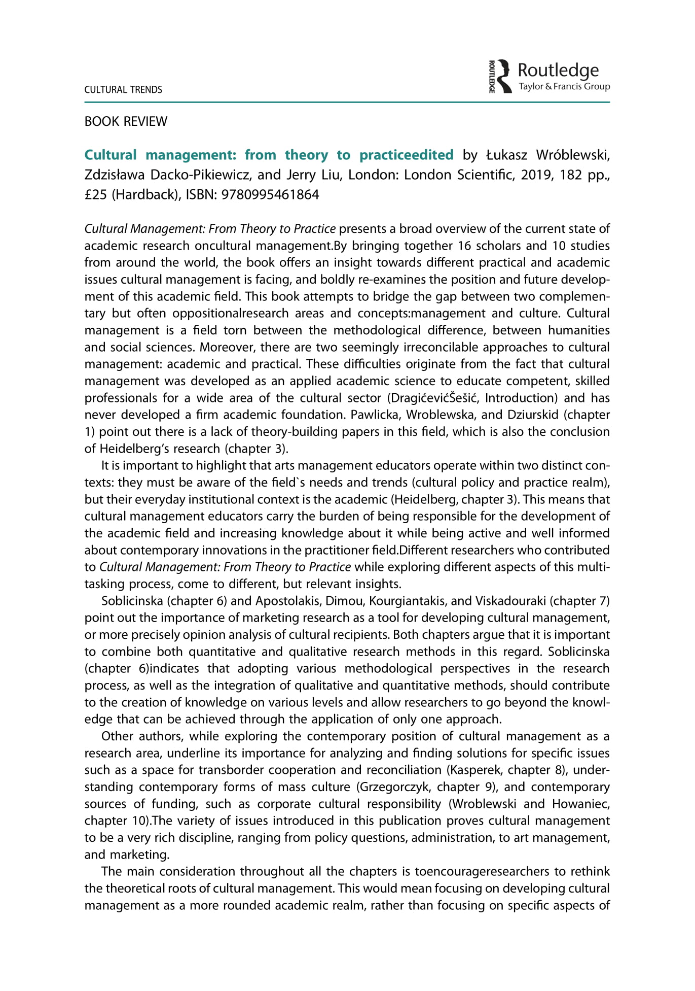 Review of the book „Cultural Management: From Theory to Practice ...